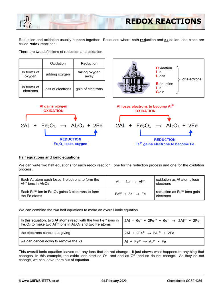 Chemsheets GCSE 1366 Redox Reactions | PDF | Redox | Ionic Bonding