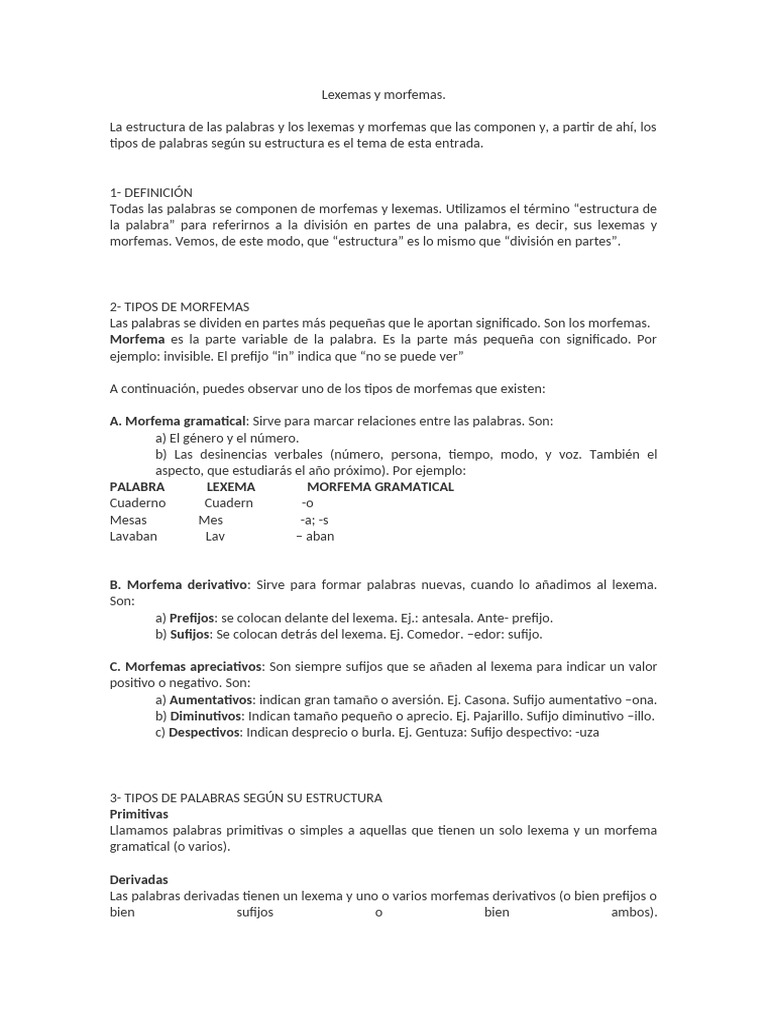 Lexemas y Morfemas en la Estructura de Palabras | PDF | Palabra ...