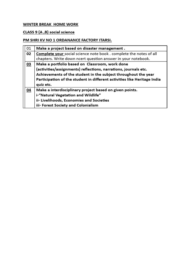 Class 9 Winter Break Homework Guide | PDF
