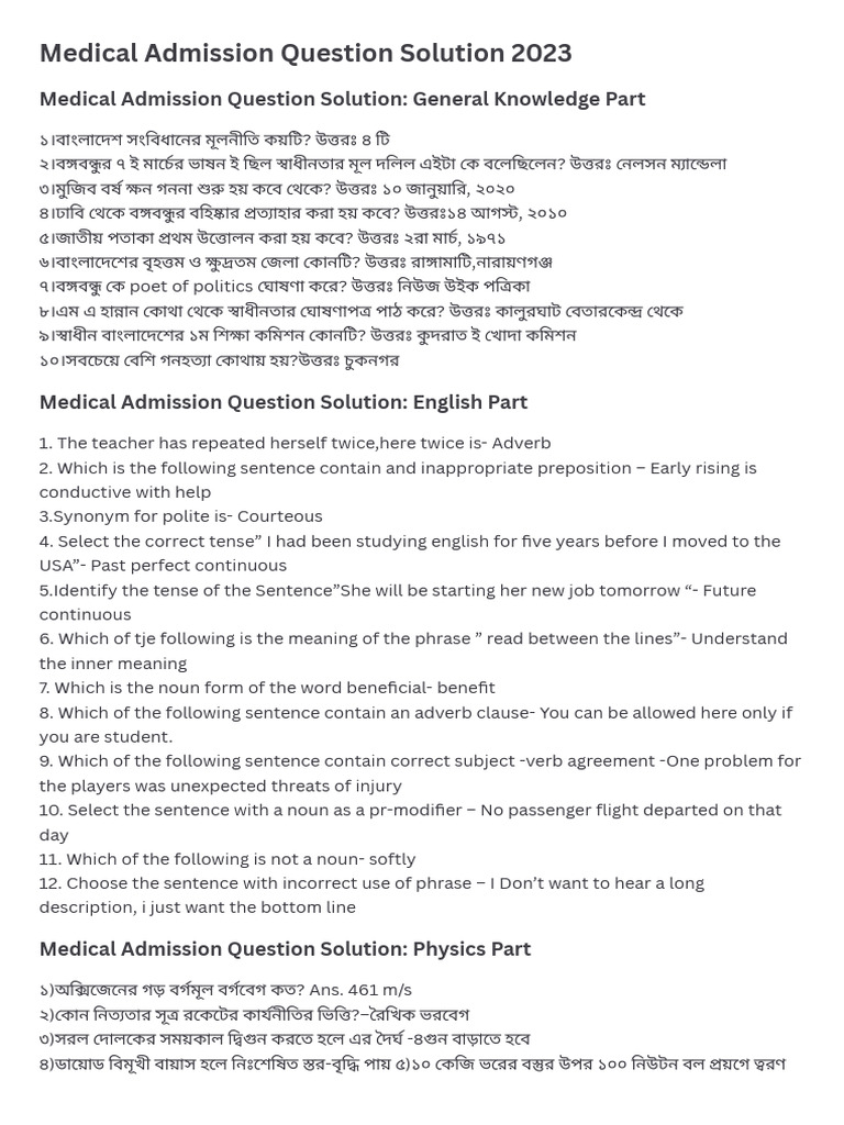 Medical Admission Question Solution 2023 | PDF