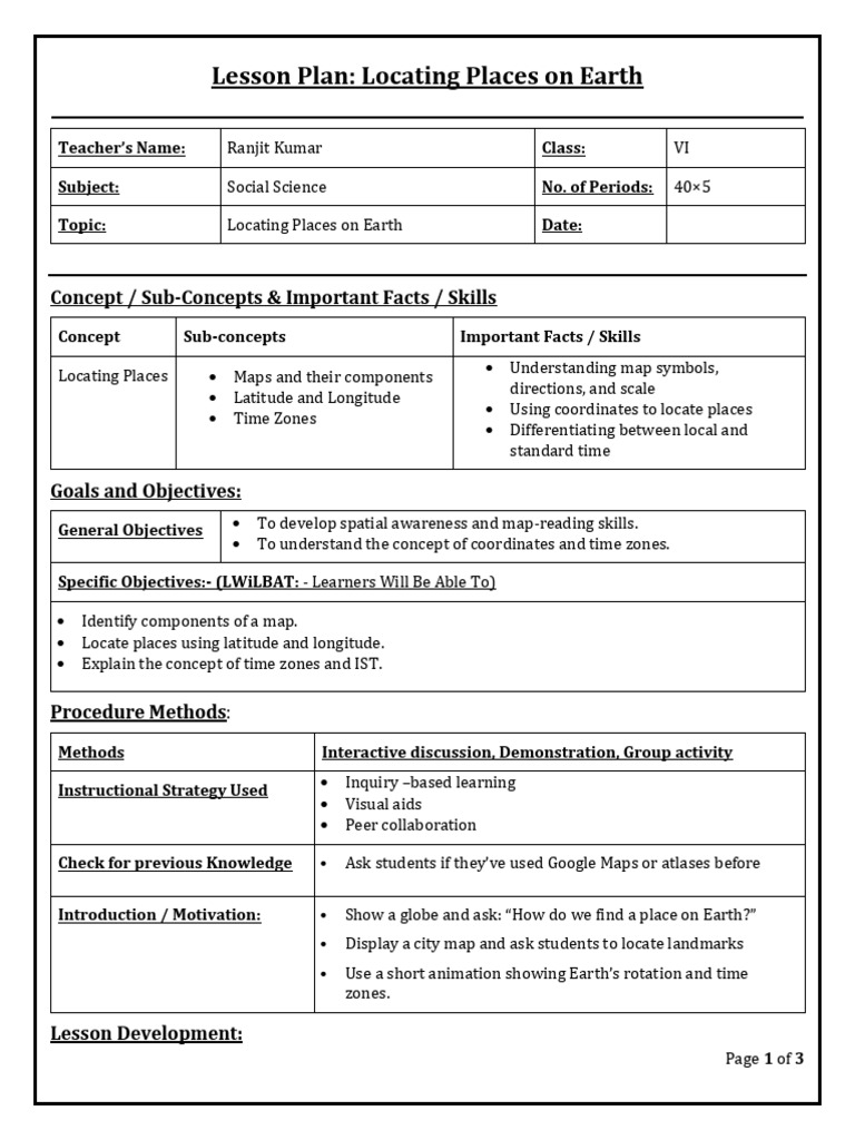 Locating Places on Earth Lesson Plan | PDF | Map | Learning
