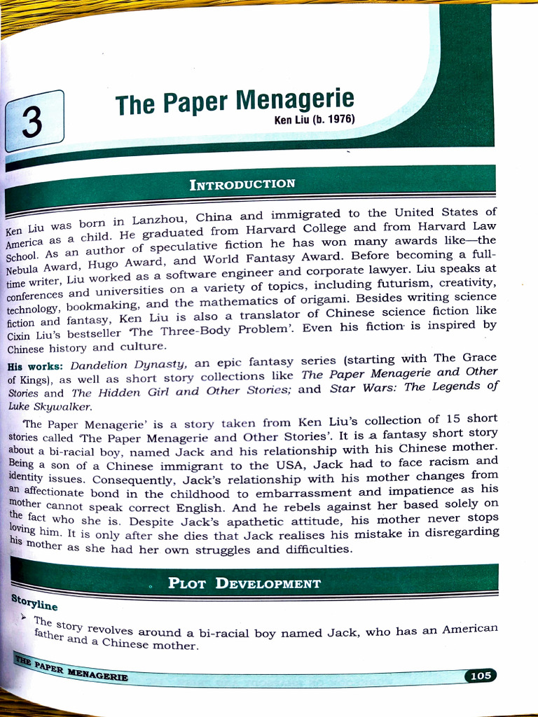 The Paper Menagerie Workbook Questions Only Not Answers | PDF