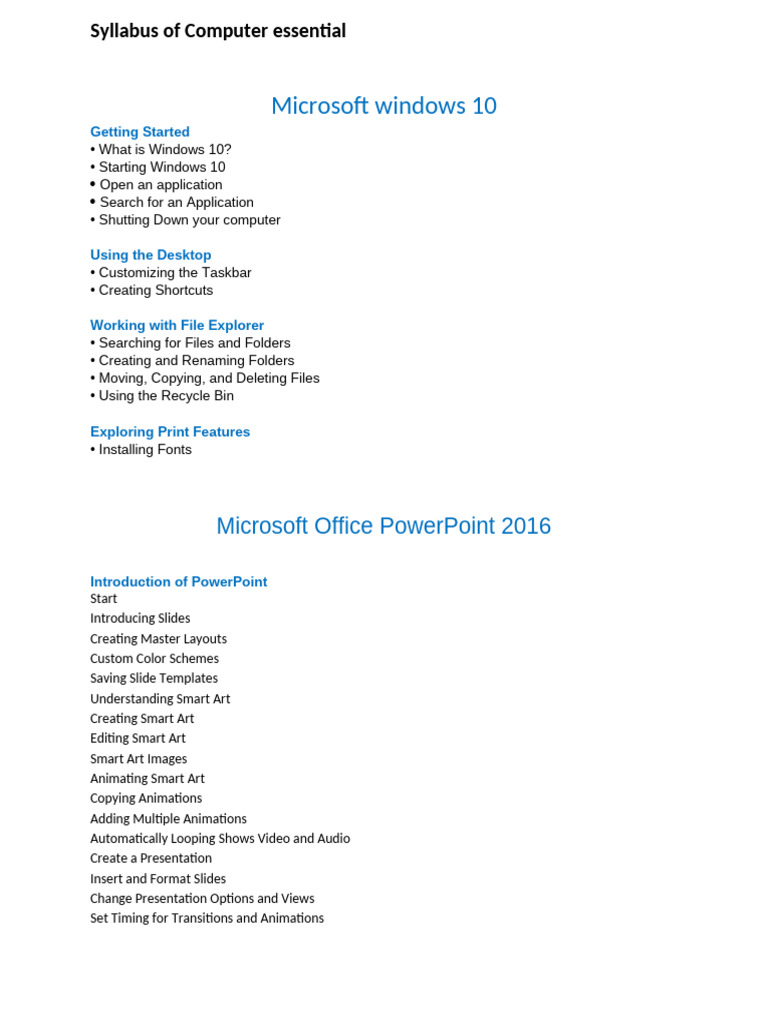 Computer Essential Syllabus | PDF | Computer File | Microsoft Excel
