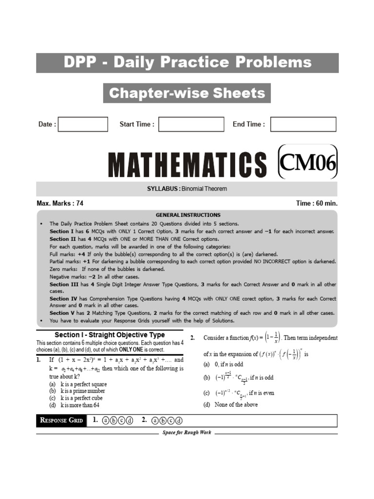 Binomial - Sequence DPP | PDF | Multiple Choice | Elementary Mathematics
