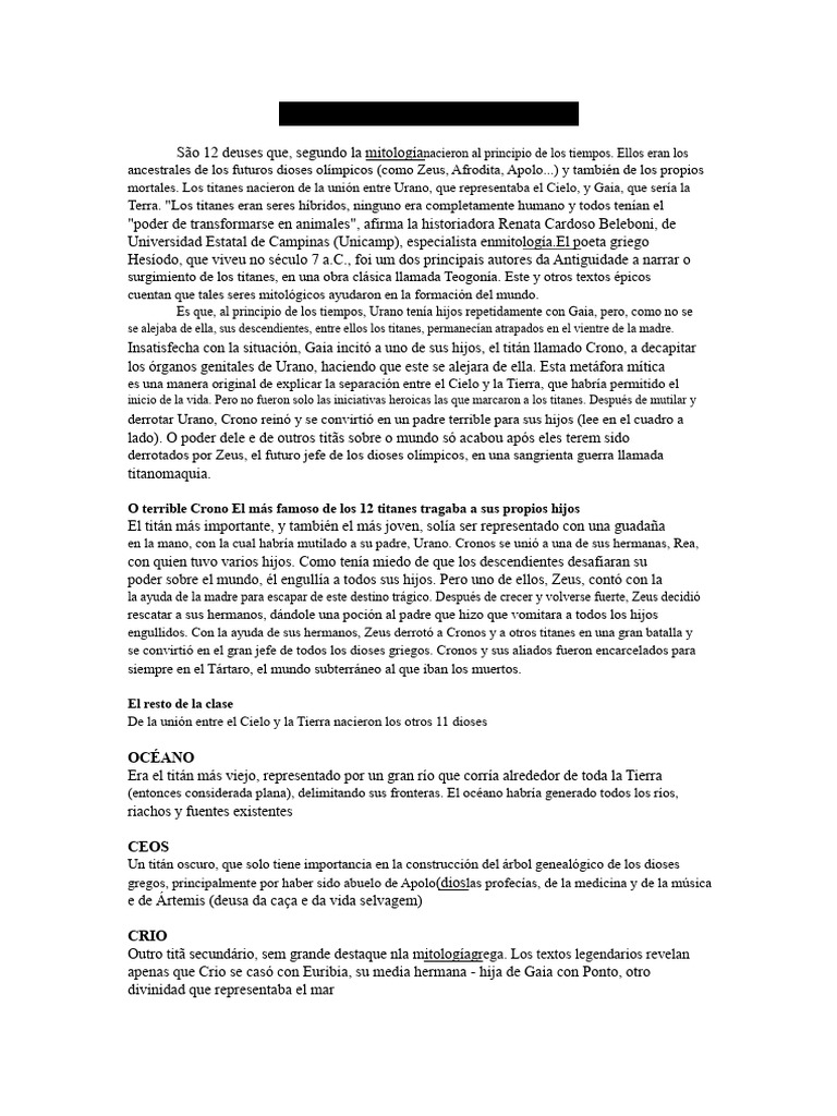 Los 12 Titanes de la Mitología Griega | PDF | Zeus | Mitología griega
