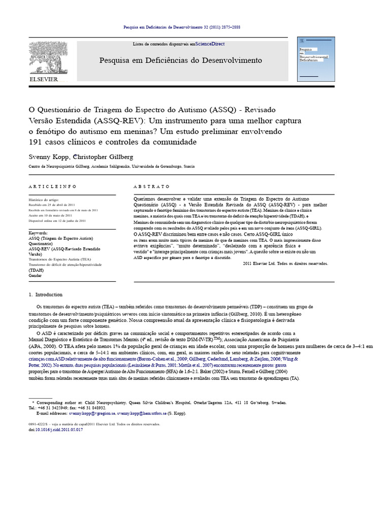 Validação do ASSQ-REV para Meninas com TEA | PDF | Autismo | Transtorno ...