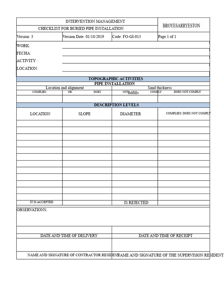 FO-GI-013 Checklist For Underground Pipe Installation | PDF