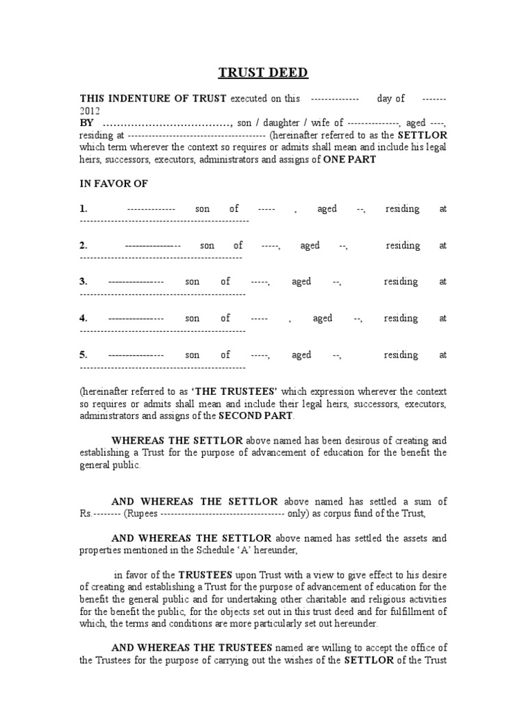 Sample Trust Deed | PDF | Trust Law | Trustee
