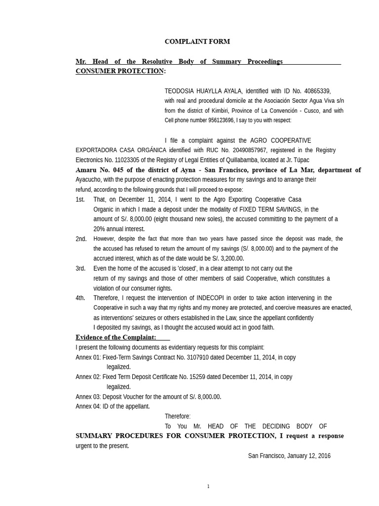 Model Complaint Against Cooperative For Fraud | PDF | Common Law | Justice