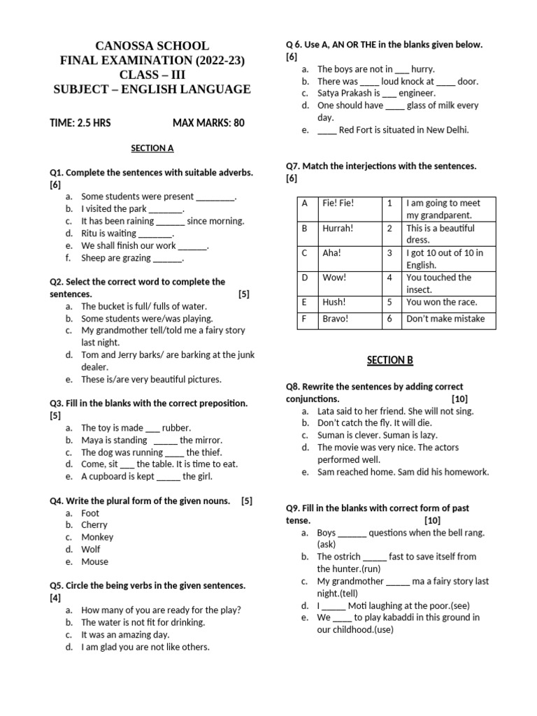 Final Exam English Language Class III Madeeha | PDF | Linguistics | Syntax
