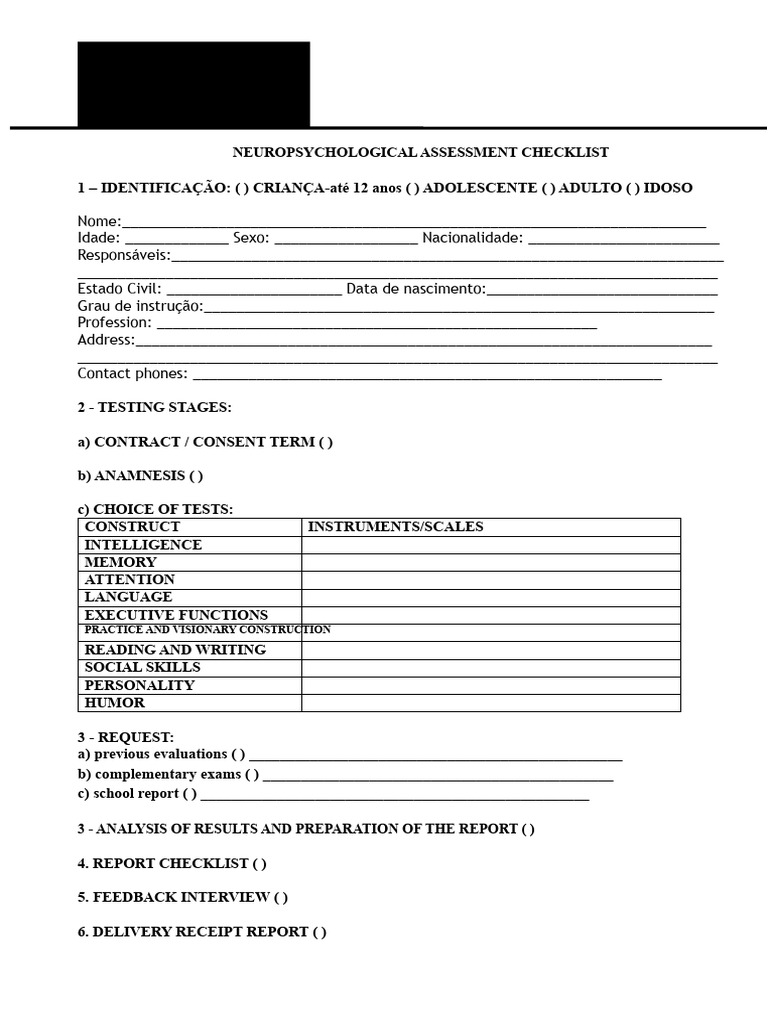 Neuropsychological Assessment Checklist | PDF