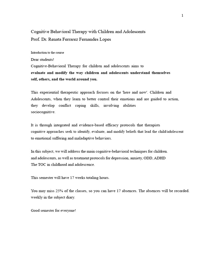 Cognitive Behavioral Therapy with Children and Adolescents | PDF ...