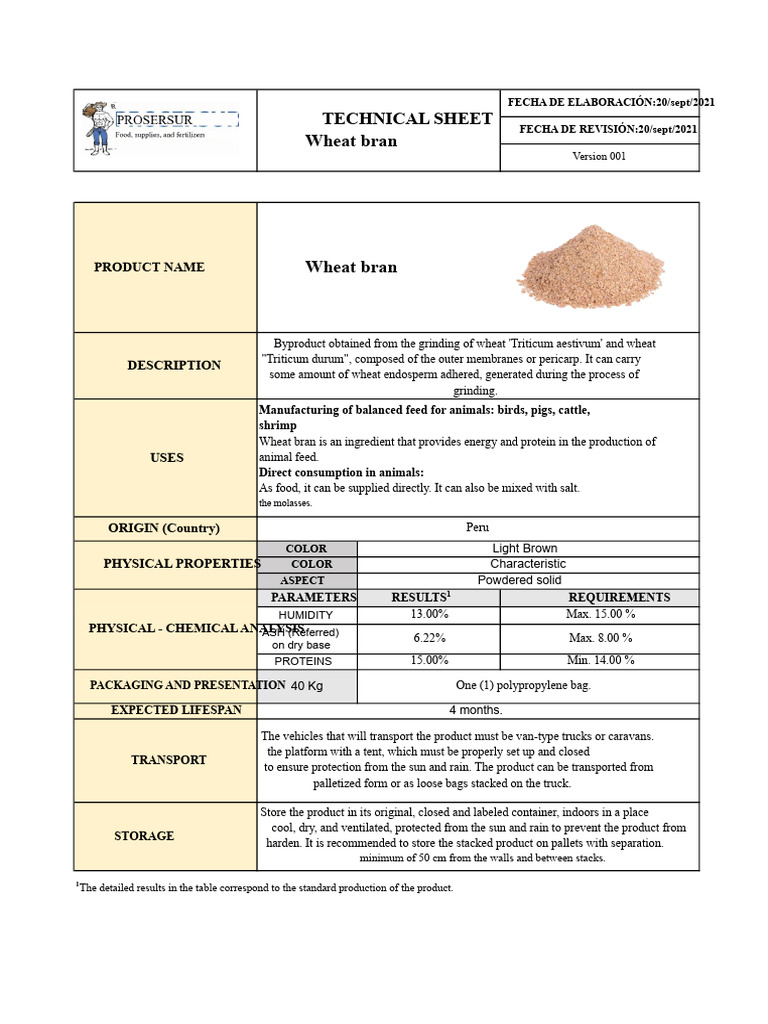 Wheat Bran Technical Sheet | PDF | Wheat | Bran