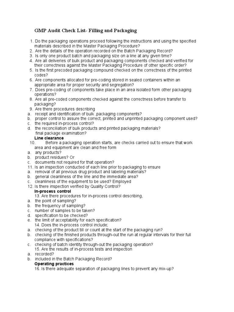 GMP Filling Packaging Audit Checklist | PDF | Packaging And Labeling ...