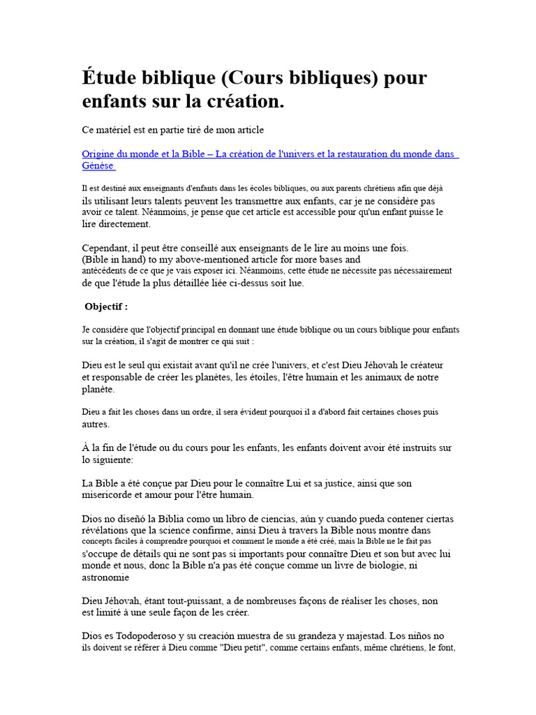 Cours biblique pour enfants sur la création | PDF | Création (Bible) | Adam