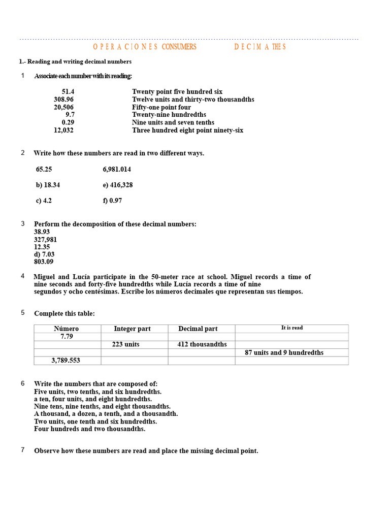 Workshop 1 Operations With Decimal Numbers | PDF | Numbers | Arithmetic