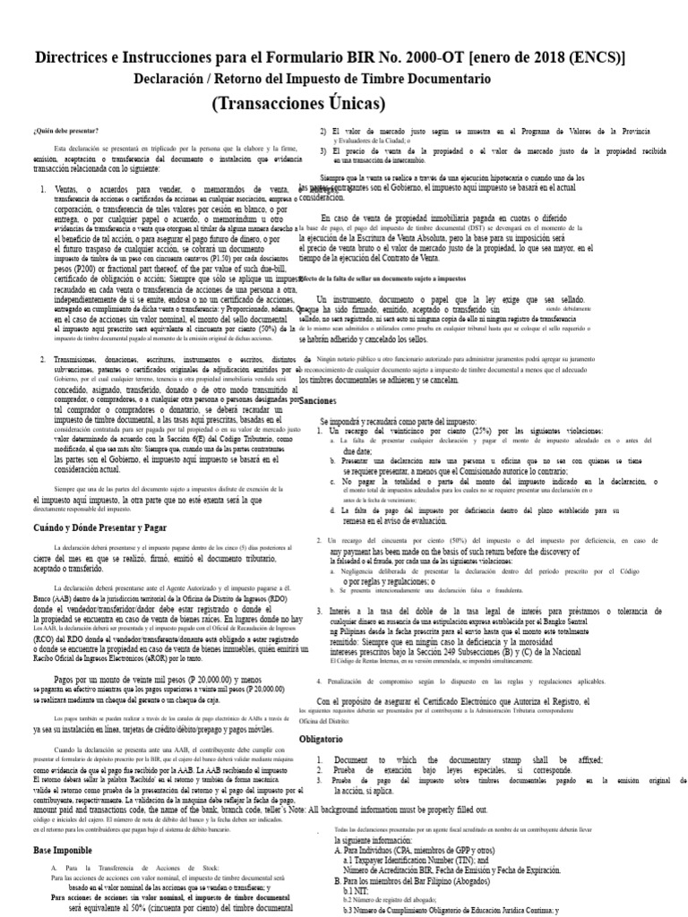 Guía para el Formulario BIR 2000-OT | PDF | Impuestos | Compartir ...