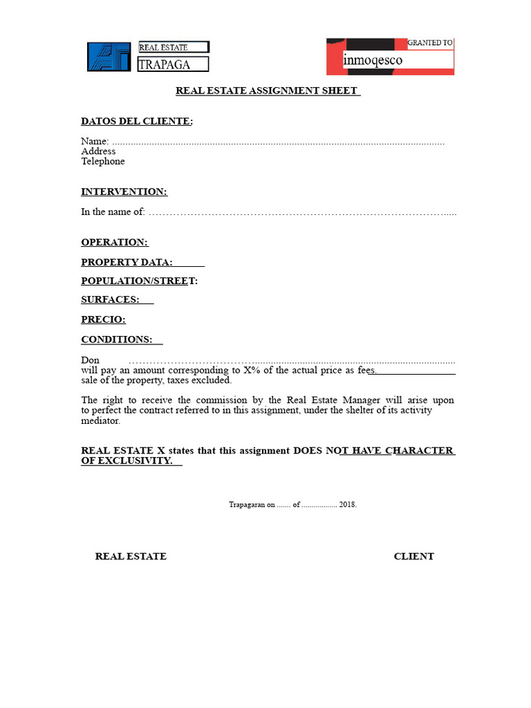 Real Estate Assignment Sheet Model | PDF