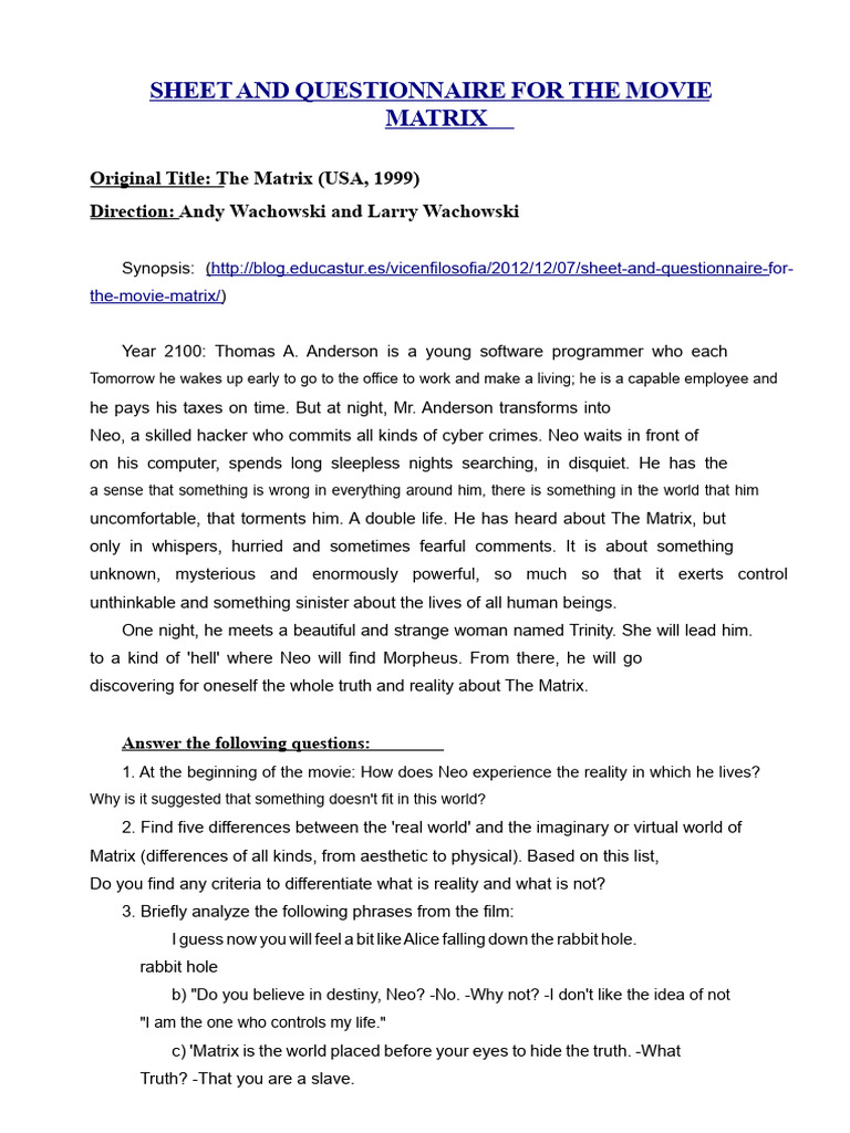 Matrix Movie Questionnaire and Analysis | PDF