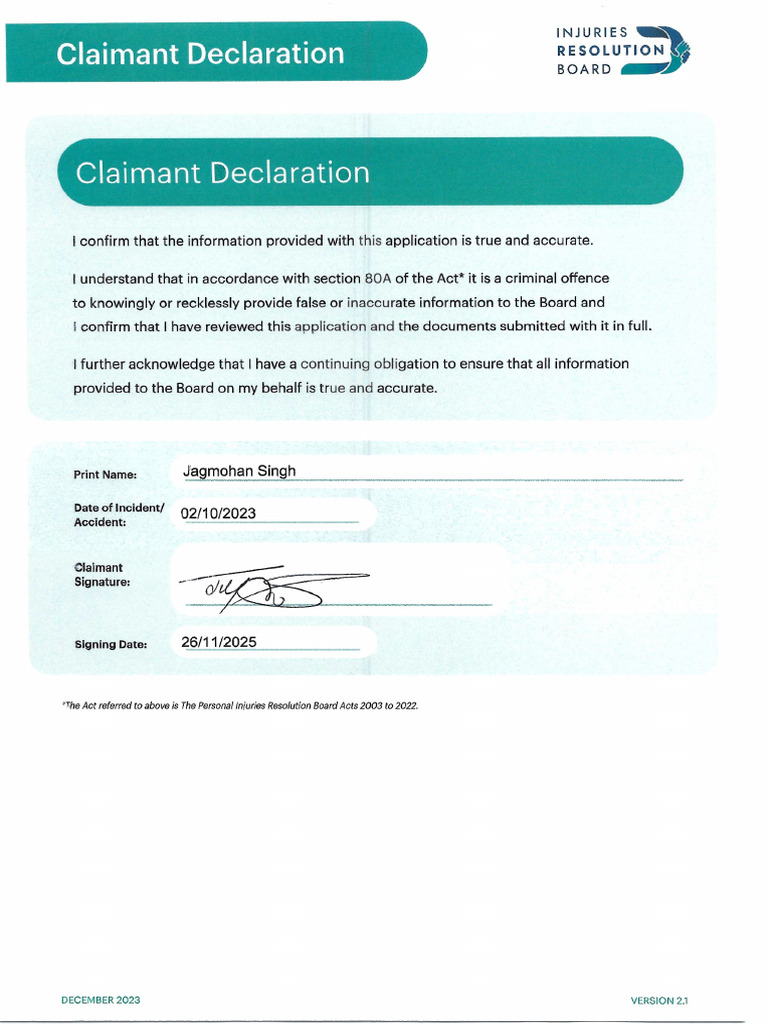 Injuries Boardc Declaration Form | PDF