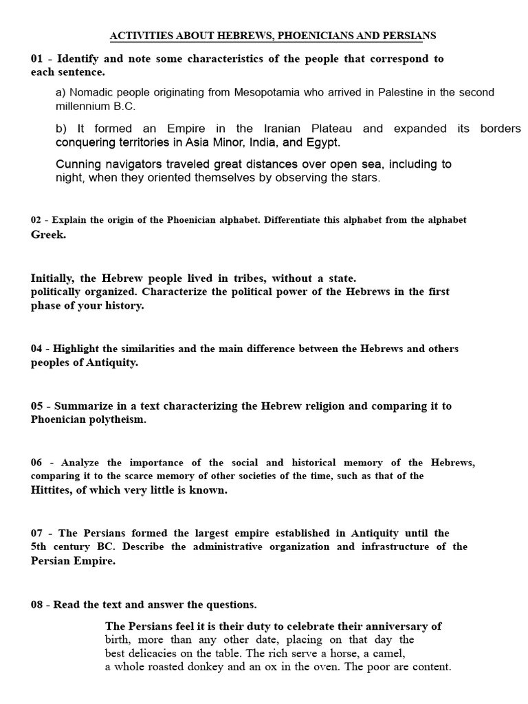 Activities About Hebrews, Phoenicians, and Persians | PDF | Phoenicia ...