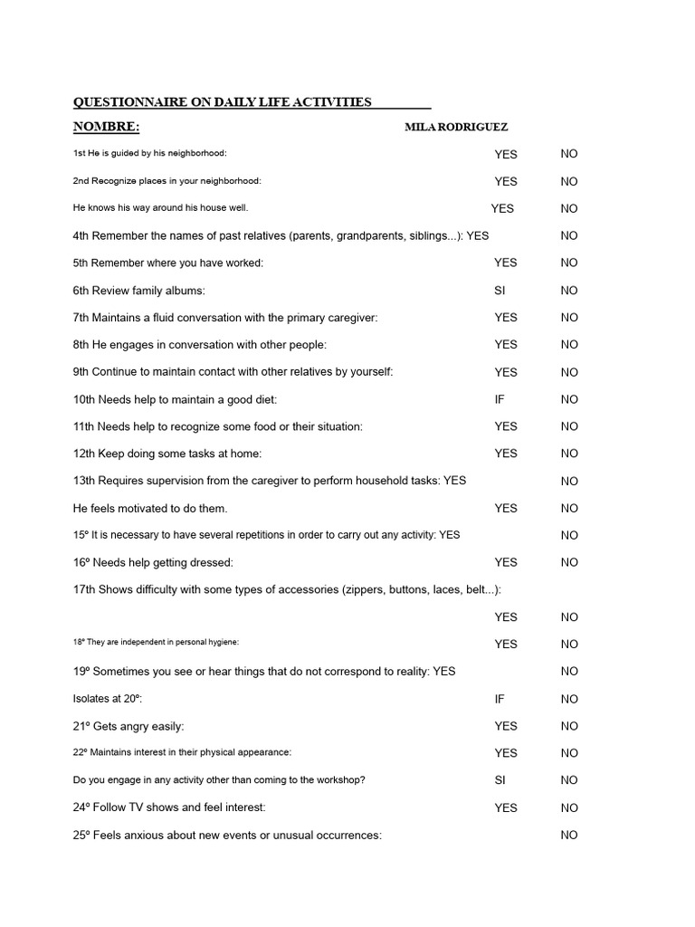 Daily Life Activities Questionnaire | PDF