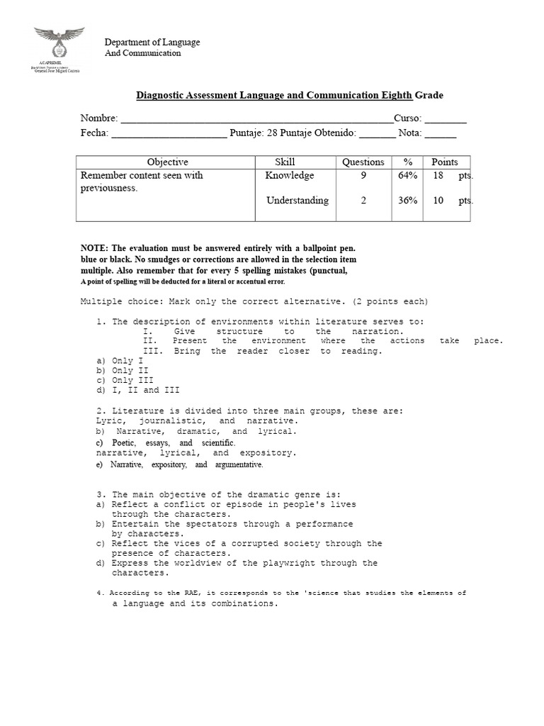 Eighth Grade Language Assessment Guide | PDF | Multiple Choice | Narrative