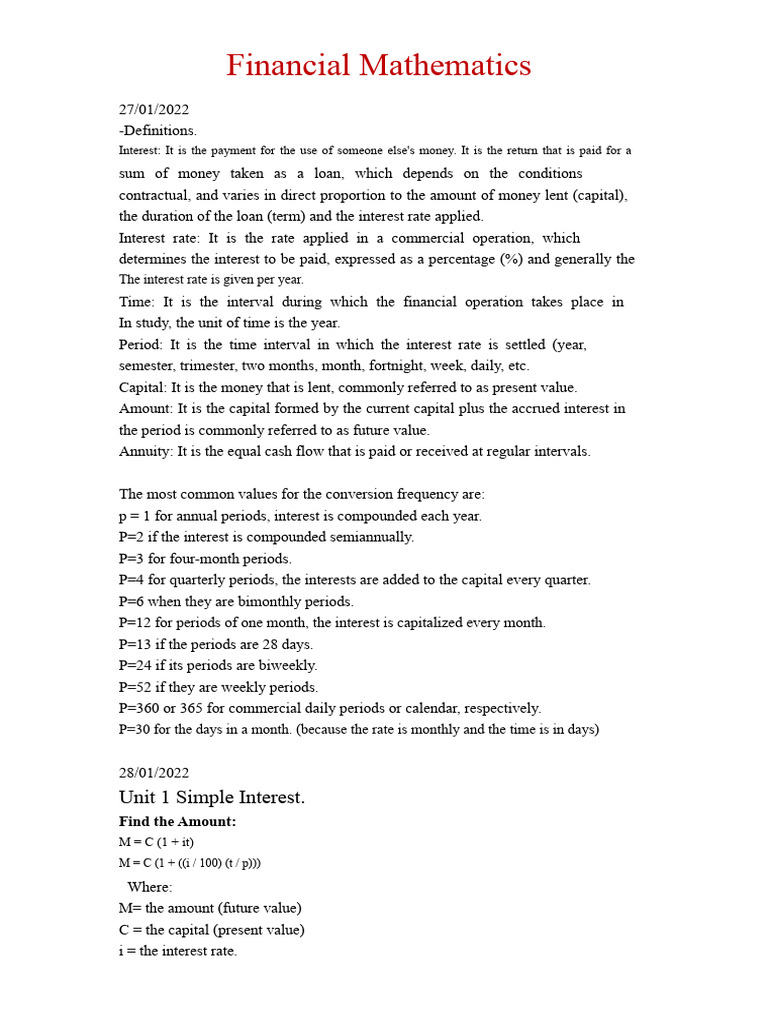 Financial Mathematics Notes | PDF | Interest | Mathematical Finance