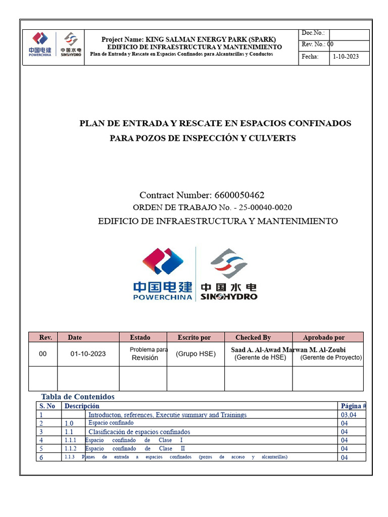 Plan de Entrada en Espacios Confinados SHC (Bocas de Acceso y Alcantarillas) | PDF | Oxígeno ...