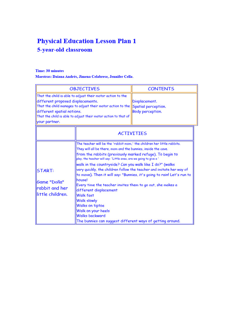 Physical Education Plan for 5-Year-Olds | PDF | Physical Education ...