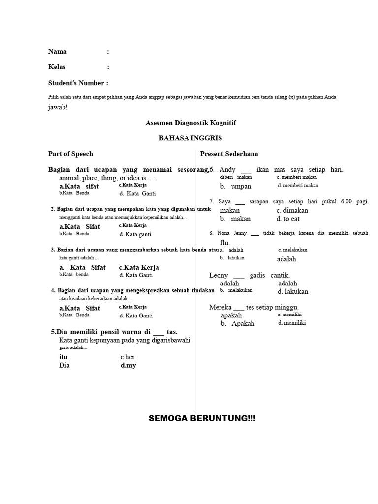 Cognitive Diagnostic Assessment FAHRI Z CLASS VIII SUMIGO | PDF
