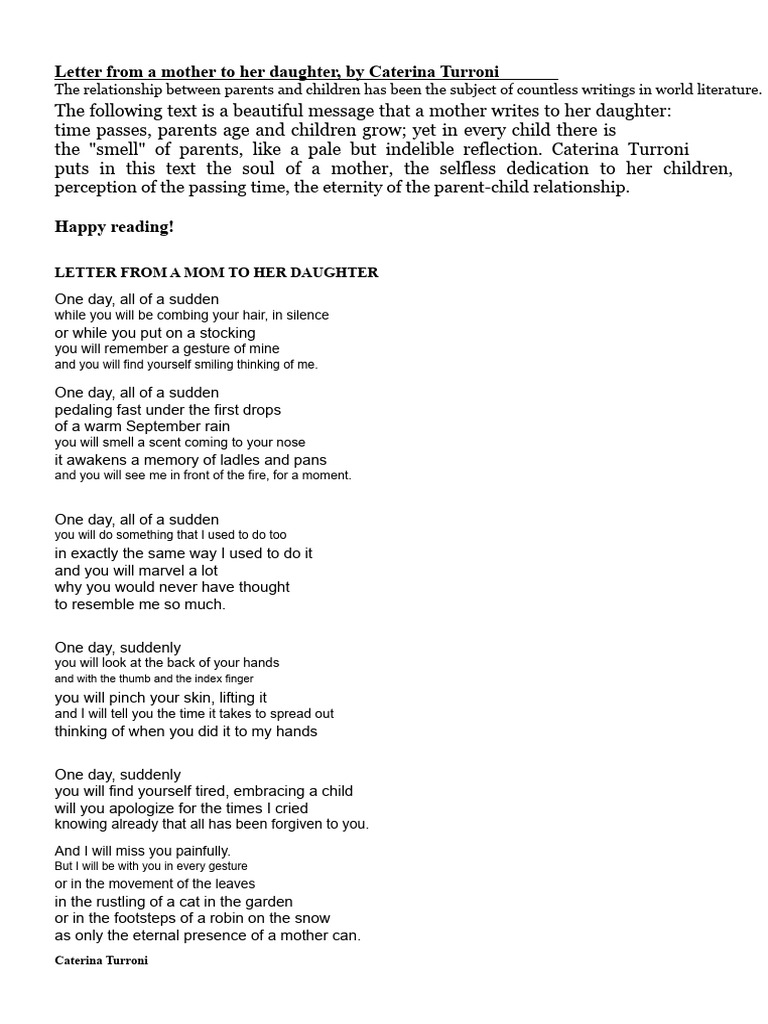 Letter From A Mother To Her Daughter | PDF