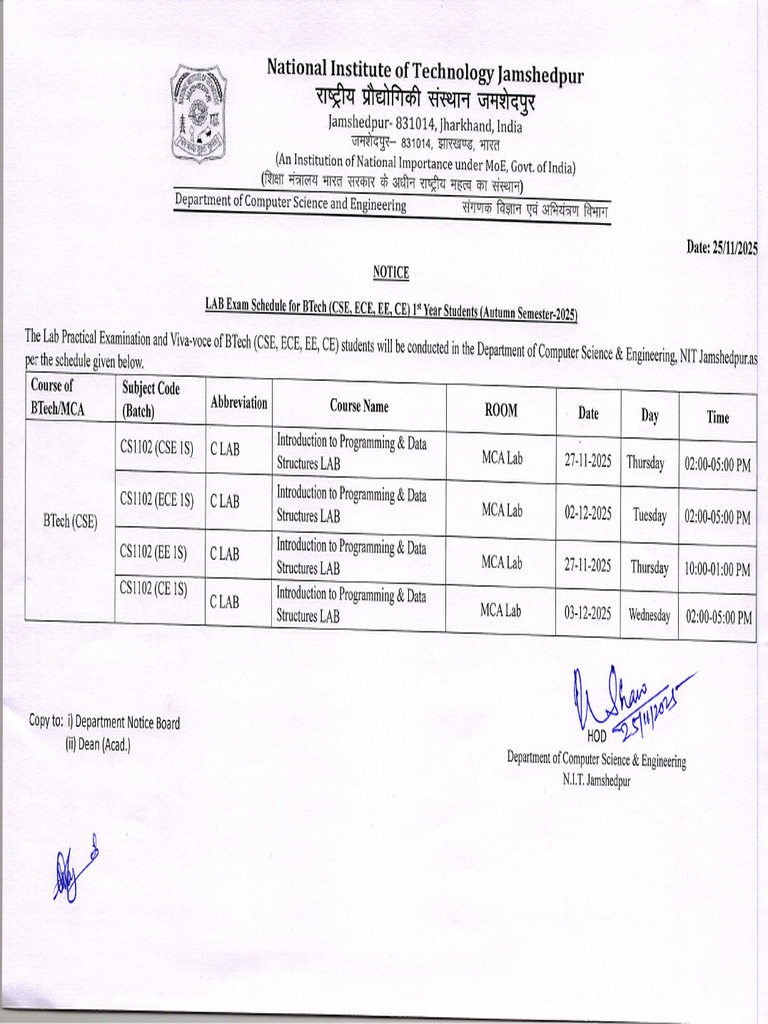 Lab Exam Schedule of 1st Year Student (Autumn Semester 2025) | PDF