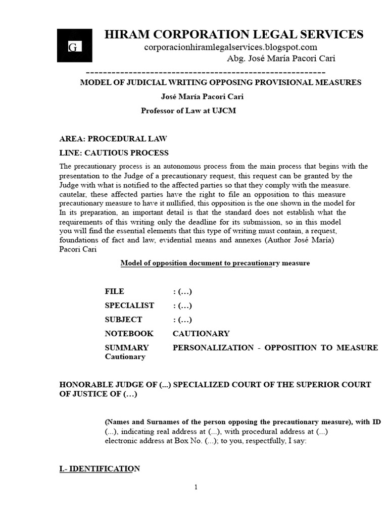 Model of Judicial Writing Opposing Precautionary Measure - Author José ...