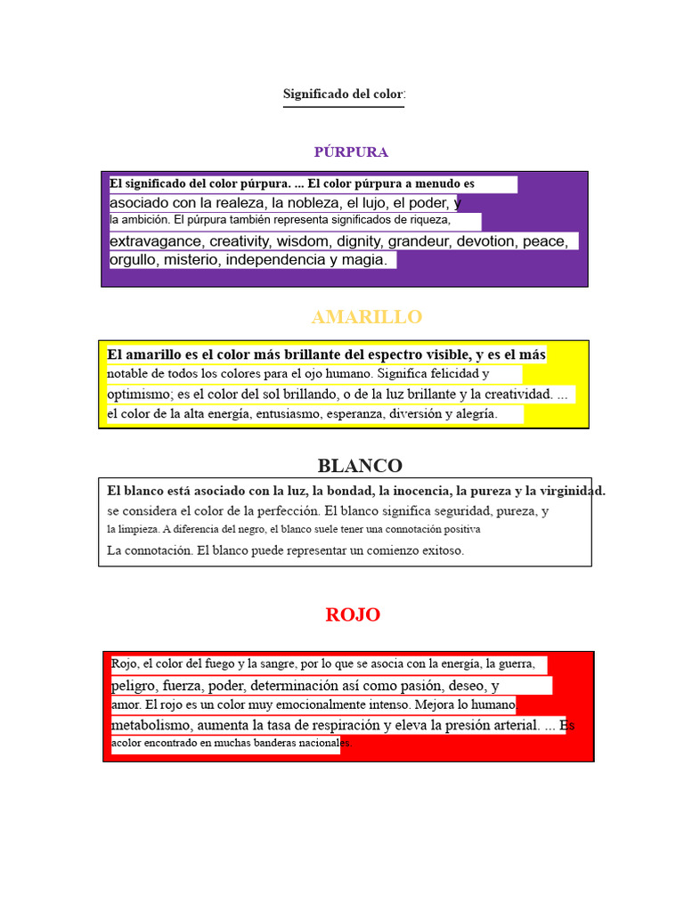 Significado de colores: púrpura, amarillo, blanco, rojo | PDF