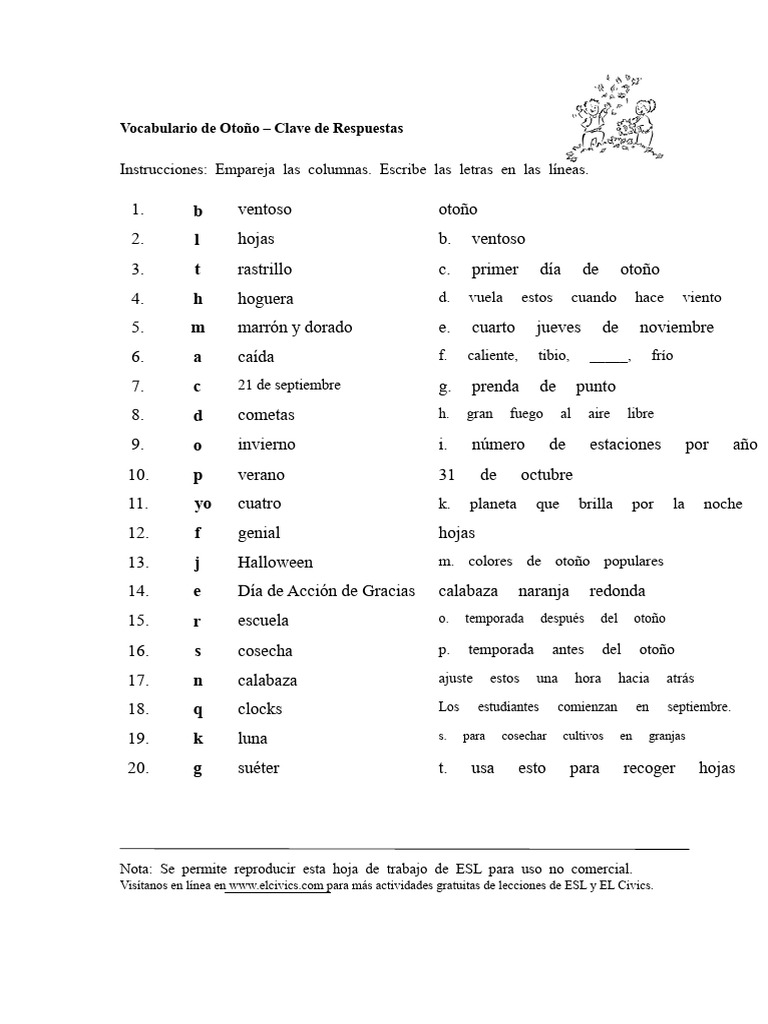 Vocabulario de Otoño: Clave de Respuestas | PDF | Otoño