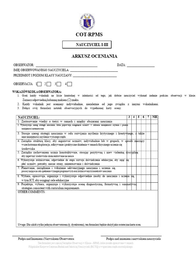 Karta Ocen Nauczyciela I III 051018 | PDF