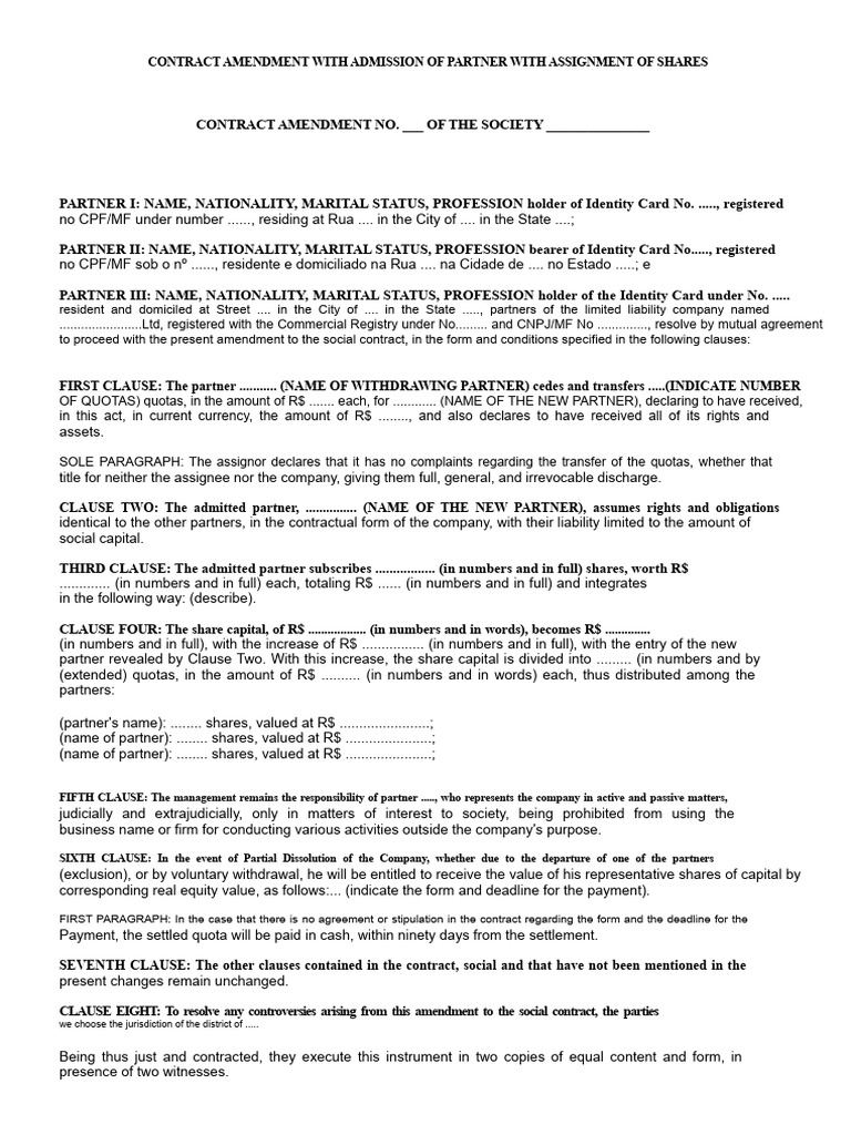 Contract Amendment With Admission of A Partner and Assignment of Shares ...