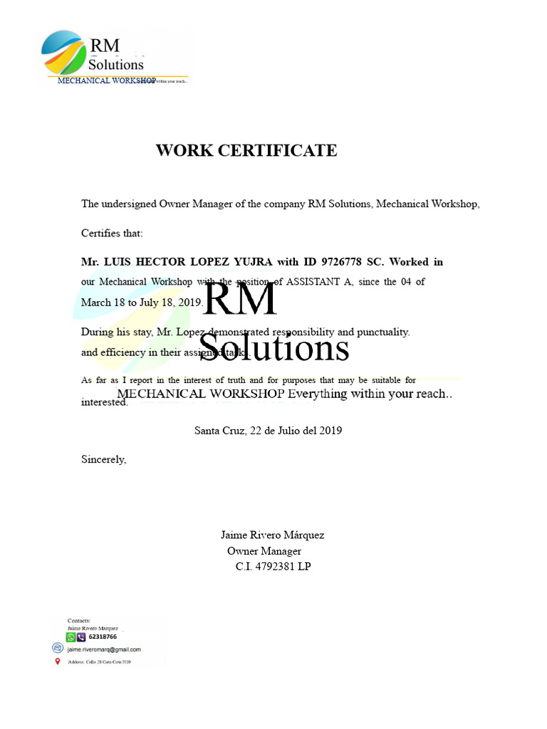 Work Certificate Mechanical Workshop | PDF