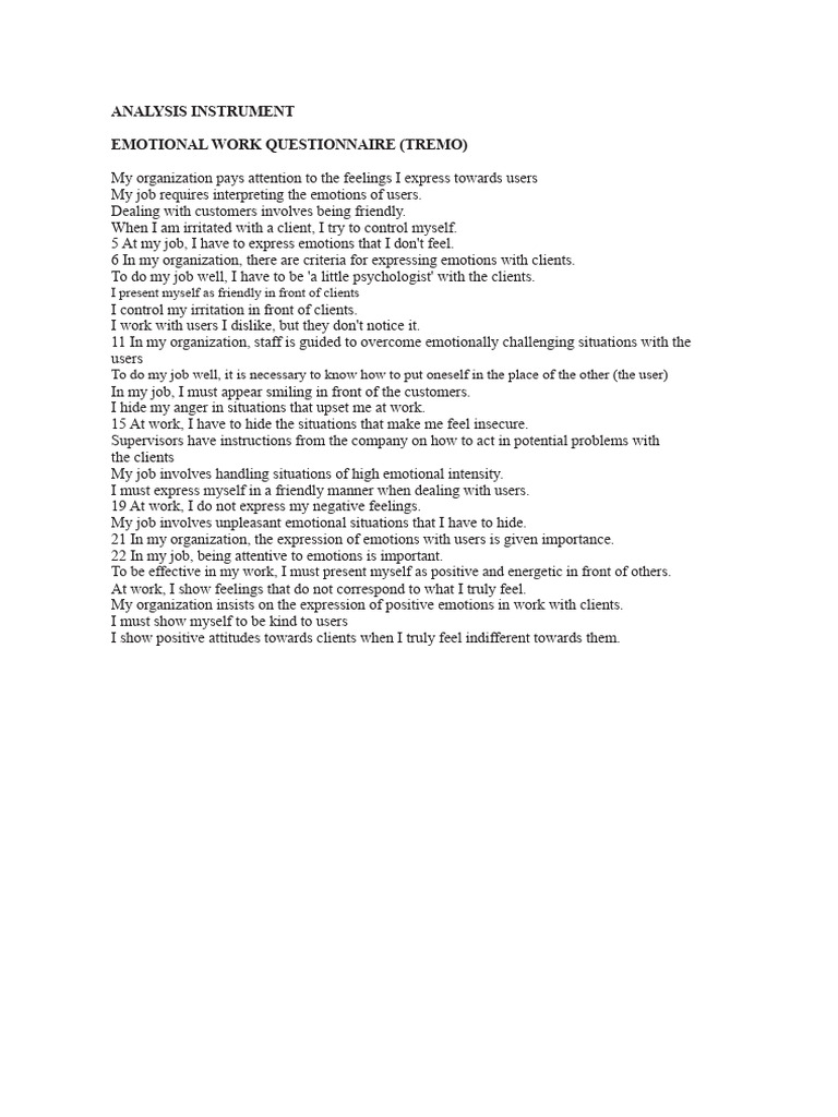Emotional Work Questionnaire Analysis | PDF