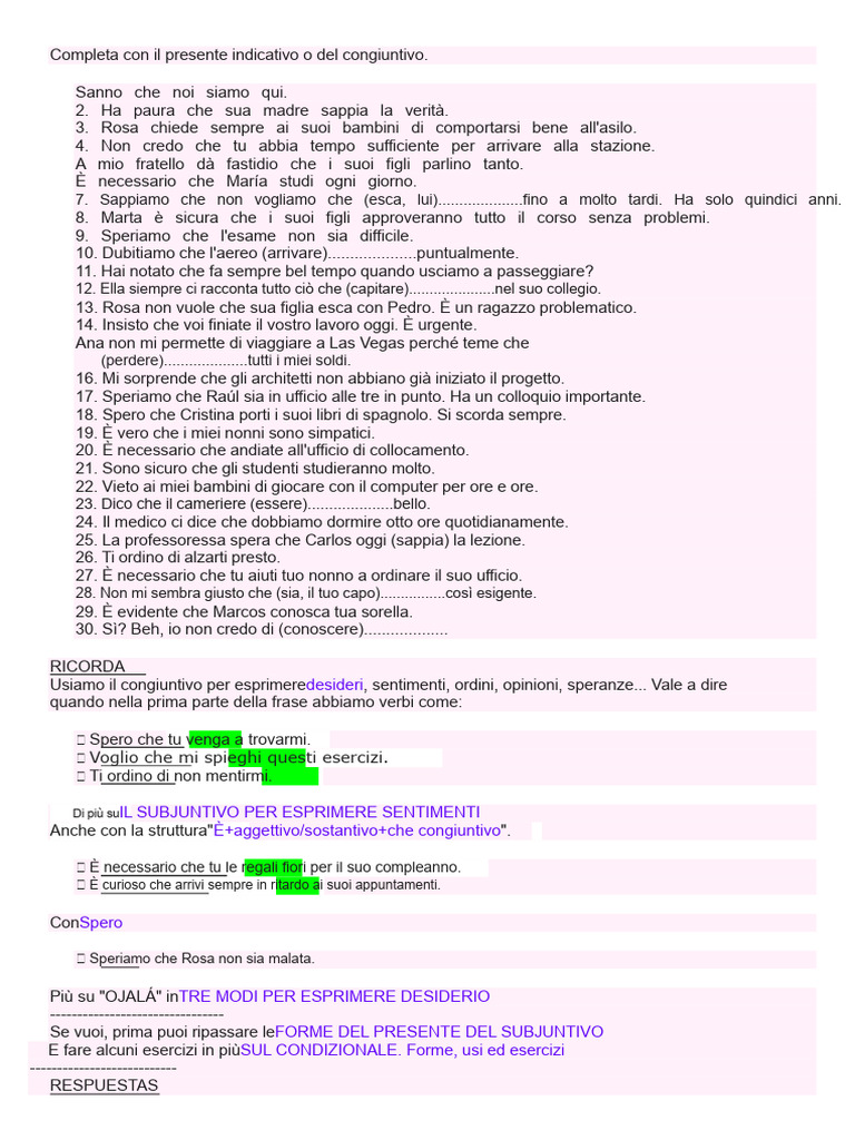 Completa Con Il Presente Dell'indicativo o Del Congiuntivo | PDF