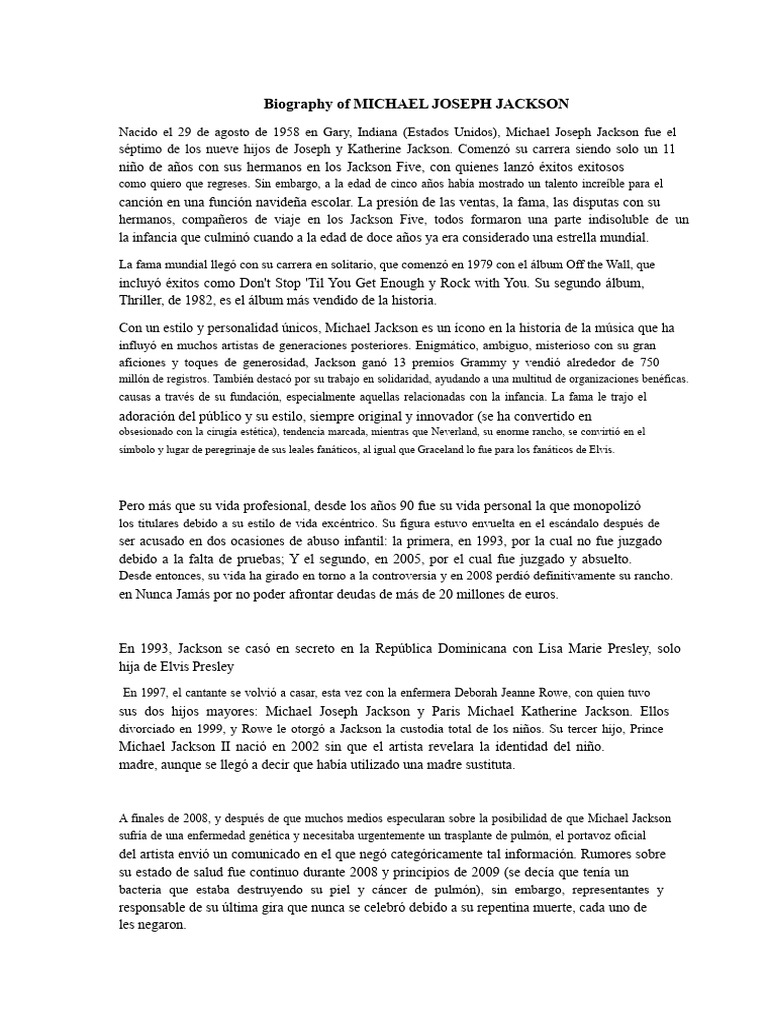 Biografía de MICHAEL JOSEPH JACKSON | PDF | Michael Jackson | Grabación ...