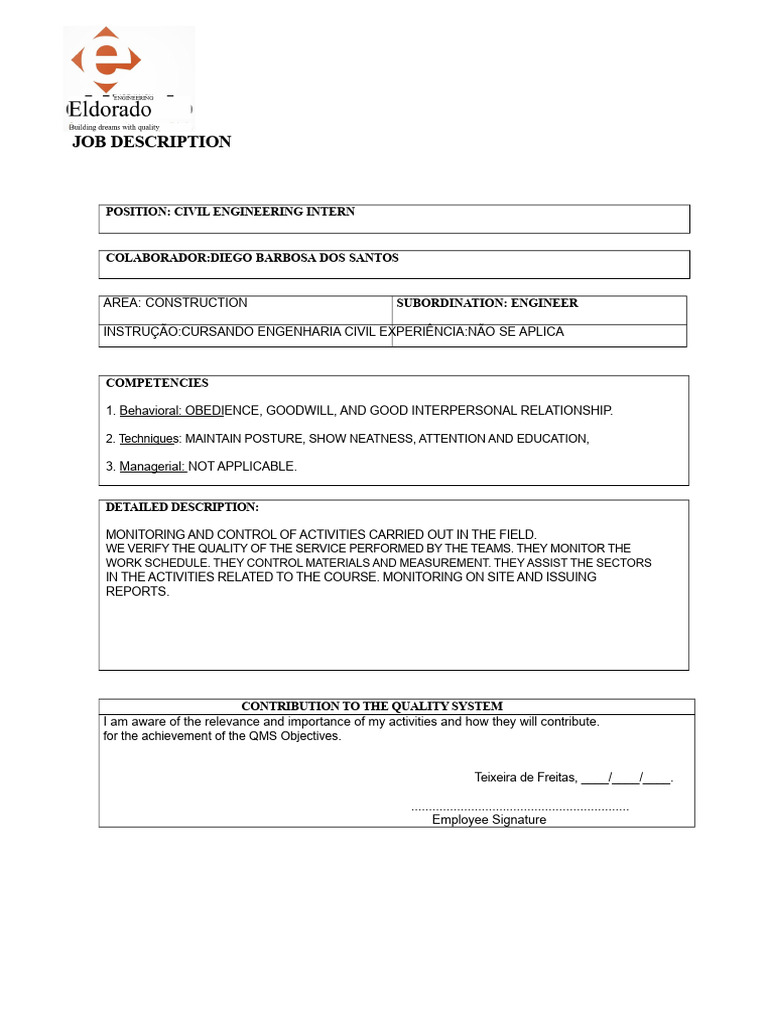 Civil Engineering Intern Job Description | PDF