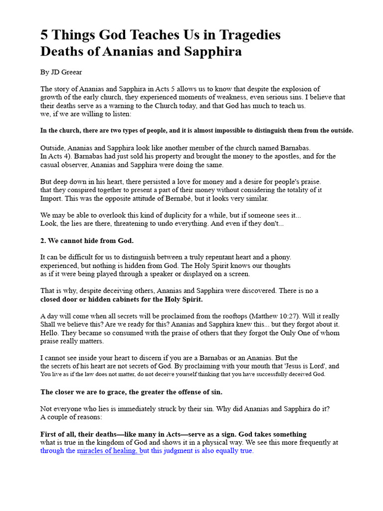 Ananias and Sapphira 5 Lessons | PDF | Religious Belief And Doctrine ...