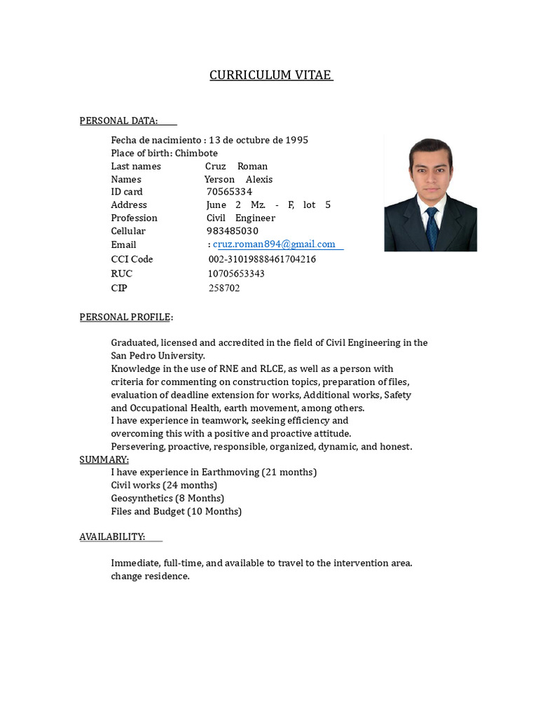 Civil Engineer CV - Yerson Cruz Roman | PDF | Engineering