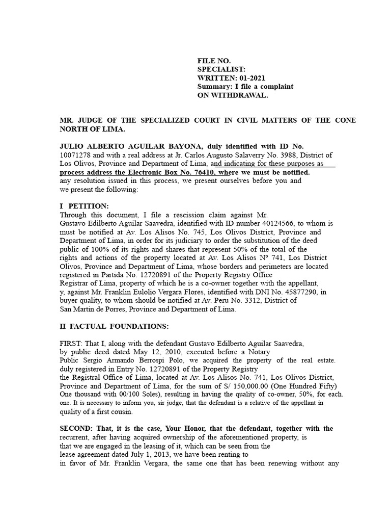 Complaint for Property Rescission Action | PDF | Lawsuit | Common Law