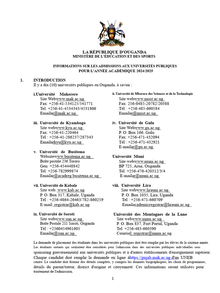 Admissions Universitaires Ouganda 2024/2025 | PDF | Baccalauréat ...