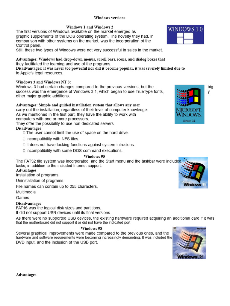 Windows Versions Advantages and Disadvantages | PDF | Microsoft Windows ...