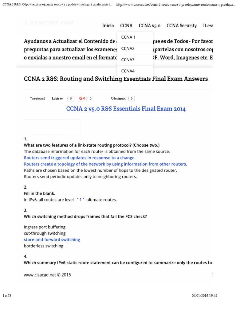 CCNA 2 R&S - Podstawy Routingu I Przełączania Ostateczne Odpowiedzi ...