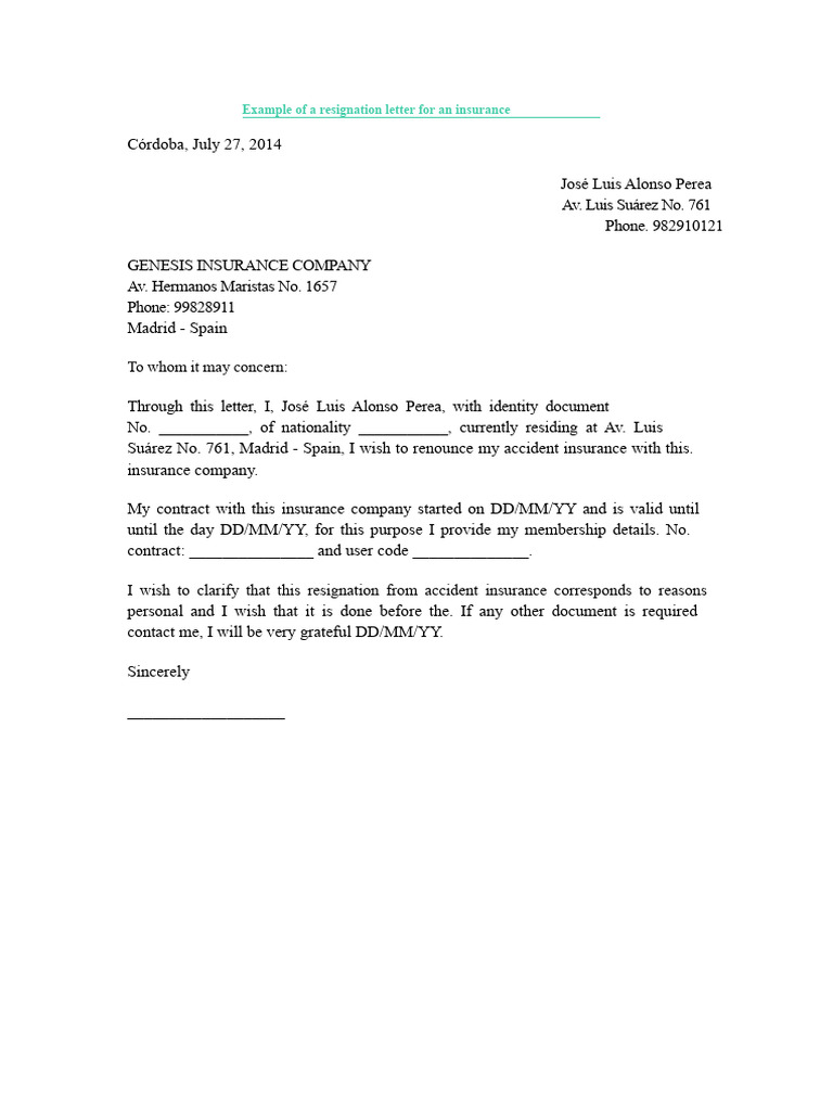 Example of A Letter of Resignation From Insurance | PDF